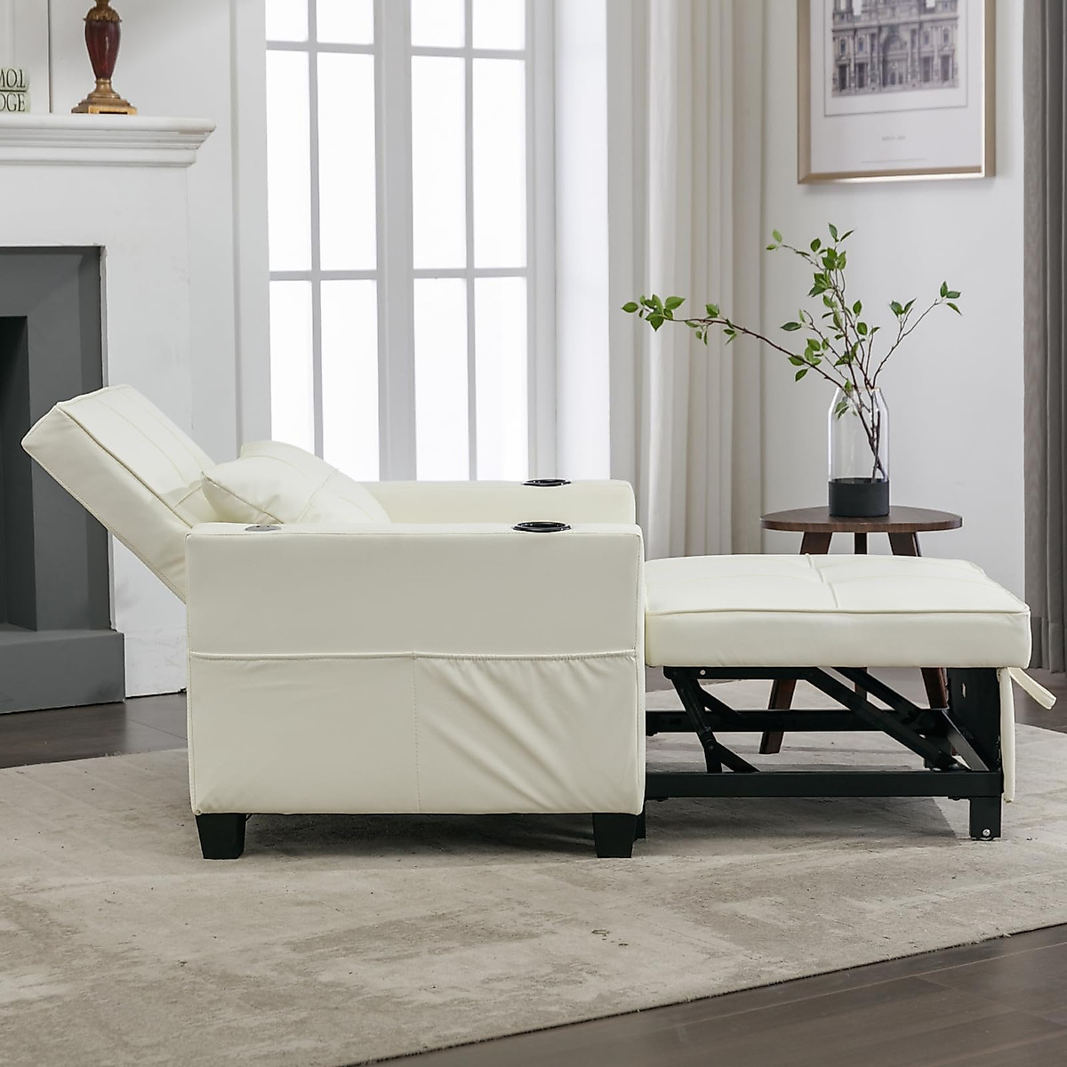 EXZLFA Futon Sofa Bed, 3-in-1 Convertible Sleeper Beds with USB Ports and Cup Holder,Adjustable Backrest Lounge Chair for Living Room，Bedroom,Guest Room (Leather - White)