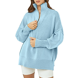 ANRABESS Women's Oversized Fashion Long Sleeve Quarter Zip Baggy Loose Slouchy Sweater Pullover Tops 2024 Fall Outfits Light Blue Medium