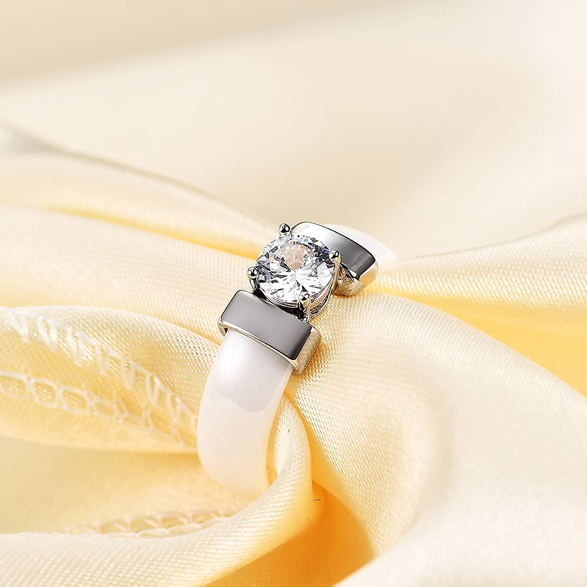 MYNENEY 6mm White/Black Ceramic Rings Plus Cubic Zirconia For Women Comfort Fit Engagement Wedding Band Size 5-12