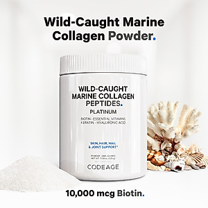 Codeage Marine Collagen Protein Powder Supplement Platinum - Biotin 10,000 mcg, Vitamin C, D3 & B6, Keratin, Hyaluronic Acid, Niacin, Wild Caught Hydrolyzed Fish Collagen Peptides - Non-GMO - 11.50 oz