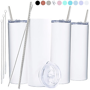 SKINNY TUMBLERS (4 pack) 20oz Stainless Steel Double Wall Insulated Tumblers with Lids and Straws | Skinny Travel Mug, Straw Cleaner INCLUDED! Reusable Cup With Straw | Vinyl DIY Gifts (Matte White)