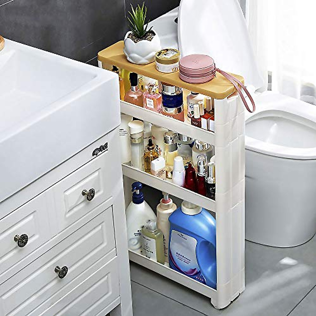 3 Tier Slim Storage Cart Narrow Storage Cart Slide Out Storage Tower Bathroom Organization and Storage Mobile Shelving Unit Organizer Pantry Storage Rack for Narrow Spaces