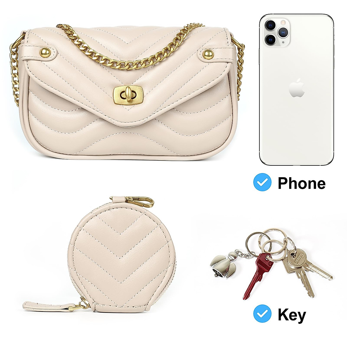 Small Crossbody Purses for Women Pu Leather Chain Quilted Handbag Designer Shoulder Bags Coin Cellphone Purse Set 2pcs (Khaki)