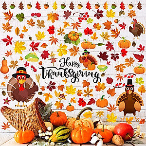 142 Pcs Fall Wall Decals Thanksgiving Wall Stickers Autumn Leaves Decoration Turkey Decals Maple Leaves Wall Decor for Home Window Living Room Bedroom(Autumn Style, 142 Pcs)