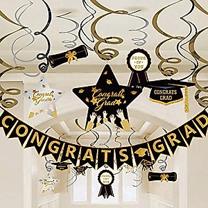Graduation Hanging Swirl Banner Decorations, Black Gold Silver Star Banner Garland party Supplies for Class of 2023