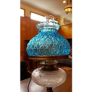 B&P Lamp Light Blue Glass Lamp Shade with Diamond Quilted Pattern Student Glass Shade with Crimped Top, 7 Inch Fitter, for Vintage and Antique Style Lamps