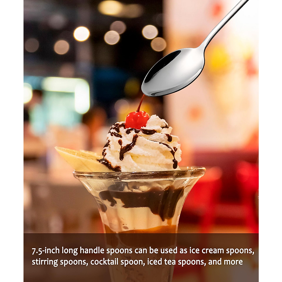 Lovingly Yours 7.5-Inch Long Handle Ice Tea Spoons, Ice Cream Spoons, Coffee Spoons, Long Spoons for Stirring, Stainless Steel Spoons for Dessert, Sundae, Shakes