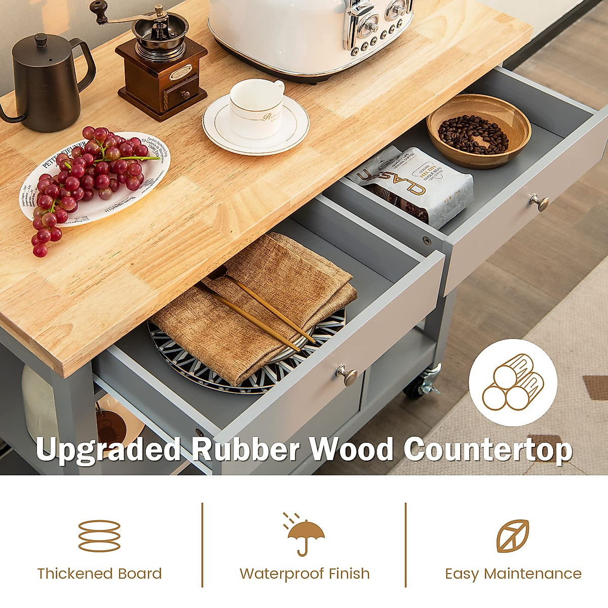 LOKO Kitchen Island on Wheels, Rolling Kitchen Serving Cart with 2 Drawers, 4 Open Shelves & Adjustable Shelf, 3-Tier Kitchen Cart with Rubber Wood Top for Home Kitchen & Coffee Bar, Grey