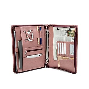 Geslun Vegan Leather Portfolio 3 Ring Binder with Clipboard, Hidden Handle, 8.5 x 11 Zippered Padfolio, Business Organizer Professional Executive Folio for Women, Pink