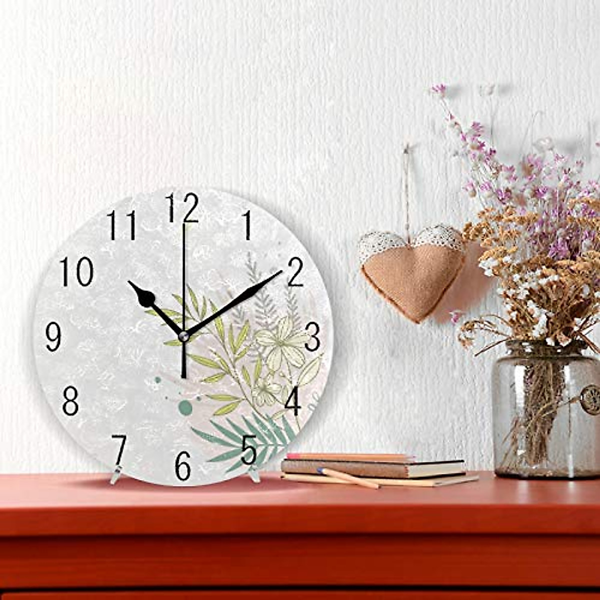 Flower Silent Round Wall Clock, Floral Non-Ticking Decorative Battery Operated Quiet Clock for Living Room Home Office School Kitchen,Small, 10 inch Desk Clock