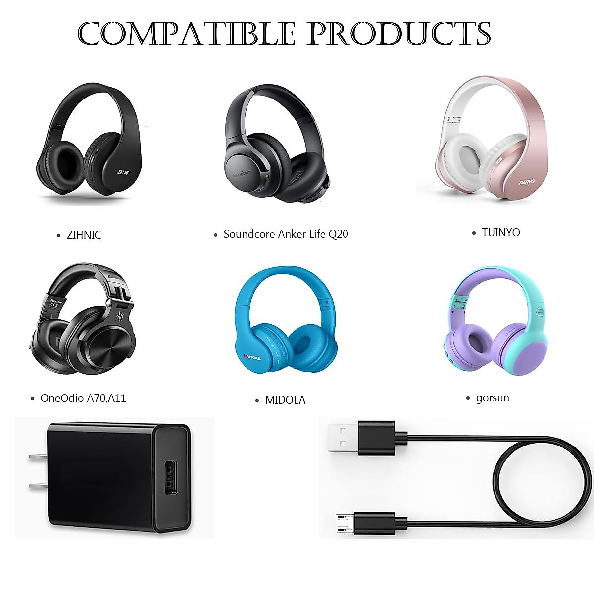 Noise Cancelling Headphones Charger Cable for ZIHNIC, Soundcore Life Q20, iJoy Old Version, MUSICOZY, TUINYO, OneOdio A70, A11, MIDOLA, Gorsun Wireless Bluetooth Headphones Micro Charging Cord Adapter