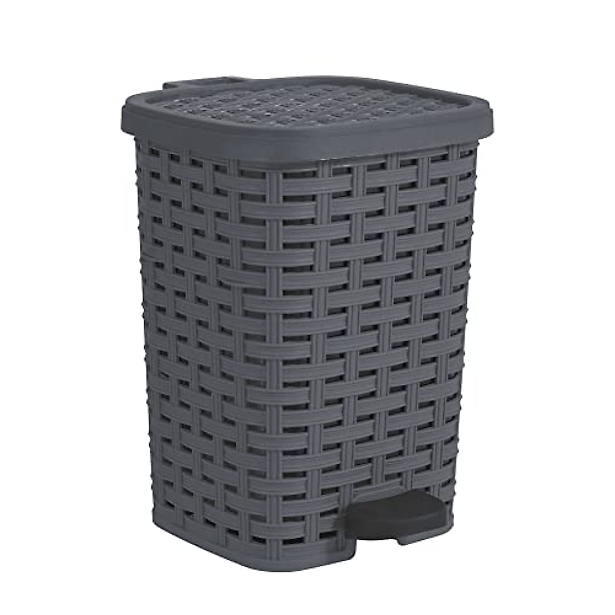 Superio Small Square Pedal Trash Can 7.5 Qt. Charcoal Grey - Rattan Style Compact Small Garbage Can with Lid for Small Spaces, Indoor Outdoor