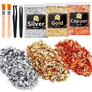 CHMI Gold Foil Flakes for Resin -15g, Jewelry Making, Imitation Gold Foil Flakes Metallic Leaf for Nails, Painting, Crafts, Slime and Resin Jewelry Making (Gold, Silver, Copper Colors)