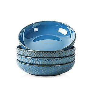 Sureasy Ceramic Pasta Bowls, 30oz Large Salad Bowl, 8.5 inch Embossed Serving Bowl for Kitchen, Wide and Shallow Plates Bowls Set of 4, Microwave, Oven and Dishwasher Safe, Gifts, Blue