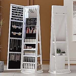 OUTDOOR DOIT 360° Rotating 67'' Jewelry Armoire with 6 LEDS, Full Length Mirror Large Capacity Jewelry Organizer Armoire, Lockable Floor Standing Mirror with Back Storage Shelves
