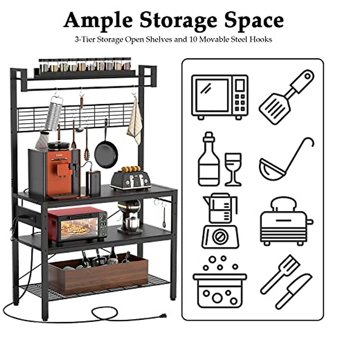 Bakers Rack with Power Outlet, 4-Tier Microwave Oven Stand, Coffee Bar Station with 10 Hooks, Large Kitchen Storage Shelf with Hutch, Black