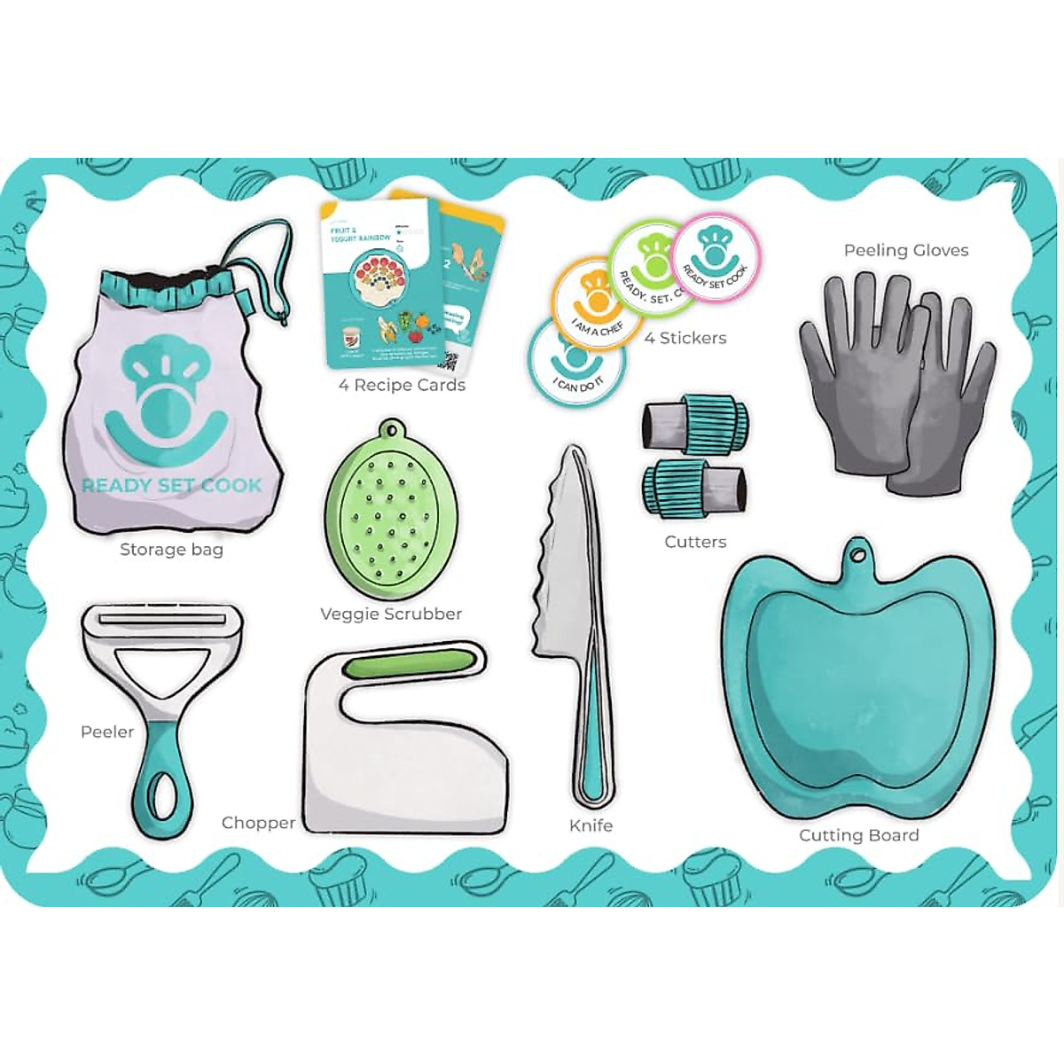 Tovla Jr Kids Montessori Cooking Tools Set - Kid Safe Kitchen Knives Gift Set - Childrens' Knife, Toddler Chopper, Vegetable Peeler ,Gloves,Cutting Board, Recipes and More