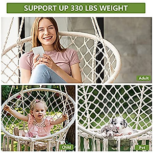 HBlife Hammock Chair, Hanging Swing with Macrame and Cushion, Max 330 Lbs, Beige Hanging Cotton Rope Chair for Indoor, Outdoor, Bedroom, Patio, Yard, Deck, Garden and Porch