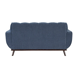 Benjara Keto 70 Inch Loveseat, Chenille, 2 Throw Pillows, Solid Wood, Blue and Brown