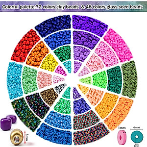 TINY FUN 6 Boxes 16800pcs 72 Colors Clay Beads and 48 Colors Glass Seed Beads for Friendship Bracelets Making Kit Heishi Beads with Letters Beads