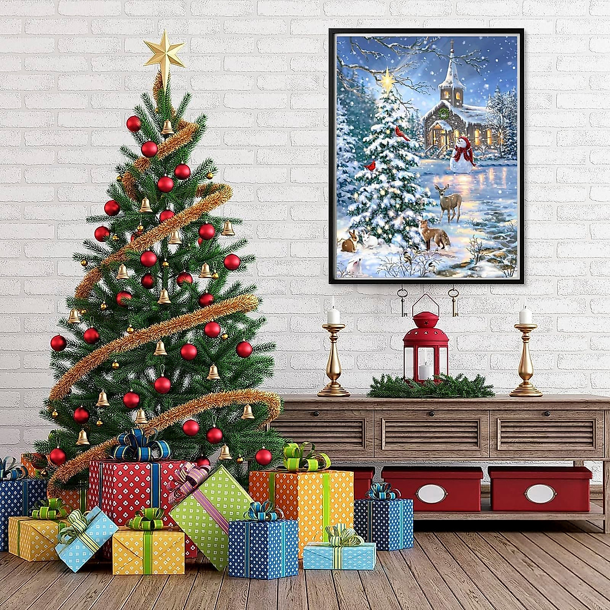 DIYDECORFUN Christmas Tree Diamond Painting Kits for Adults, 5D Diamonds Art Cabin, Winter Paint with Diamonds Round Full Drill Gems Art, Snowman Diamond Dots Art Kits for Beginners (12x16Inch)