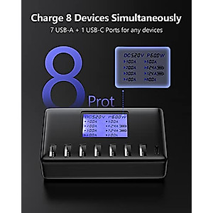 USB Charging Station, Ziwodiv 8-Ports USB Charger Station, 60W/12A Multi Port USB C Hub Charger with LCD Display for Multiple Devices, Compact Desktop Charging for iPhone iPad Samsung Android Tablet