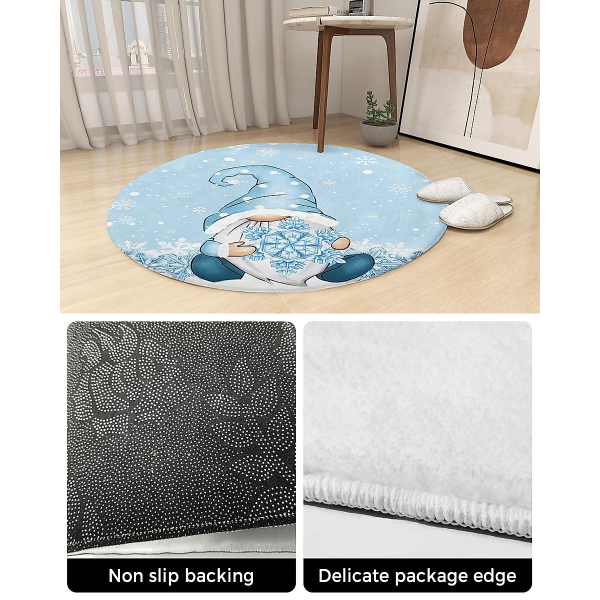 Winter Fluffy Round Area Rug Carpets 4ft, Plush Shaggy Carpet Soft Circular Rugs, Non-Slip Fuzzy Accent Floor Mat for Living Room Bedroom Nursery Home Decor Christmas Gnomes Blue Snowflake