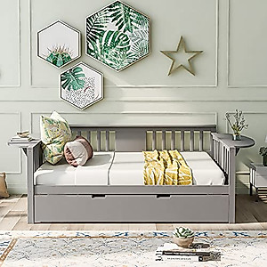 SOFTSEA Full Size Daybed with Twin Trundle, Wood Trundle Daybed Sofa Bed for Bedroom Living Room, No Box Spring Needed (Gray, Full with Trundle)