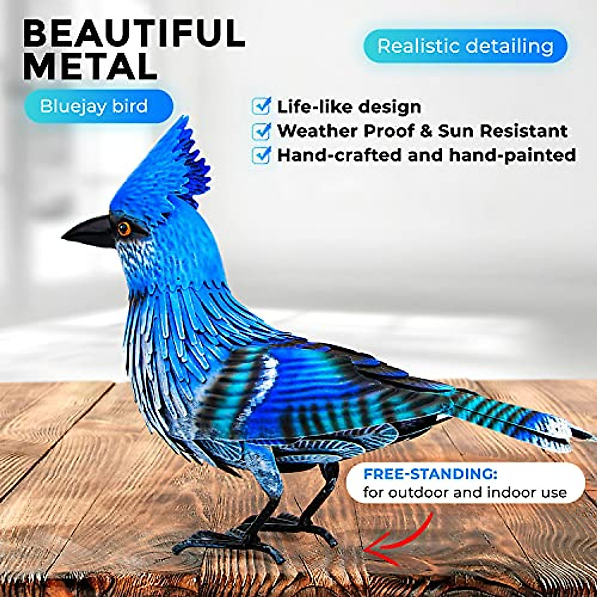 Shefio Garden Decor - Blue Jay Bird Decor, Beautiful Backyard Ideas & Garden Gifts - These Handmade Metal Birds are Perfect Outdoor Decor, Metal Yard Art for Lawn Ornament, Yard Decorations Outdoor