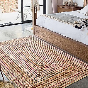 THRILRUG 4'x6'Boho Natural Braided Jute & Cotton Area Rug,Classic Braided Rug,Handmade Farmhouse, Multicolor Jute Rug Braided Reversible Cotton for Living Room,Indoor Outdoor Spaces
