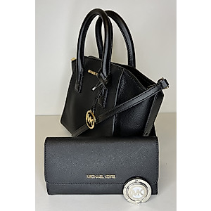 Michael Kors MICHAEL Michael Kors Avril Small Logo Top-Zip Satchel bundled with Trifold Wallet Purse Hook (Black)