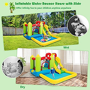 Costzon Inflatable Water Slide, Water Bounce House Combo for Kids Outdoor Fun with Large Jumping Area, 480w Blower, Climbing, Splash Pool, Waterslides Park Inflatable for Kids Backyard Party Gifts