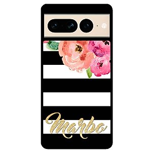 Golden Gold Personalized Flowers Black White Black Rubber Phone Case Compatible With Google Pixel 8 Pro, 8a, 8, 7a, 7, Pixel 7 Pro, 6a, Pixel 6 Pro, 6, 5, 4a 5G, 4a 4G, 4, 4 XL, 3a, 3a XL, 3