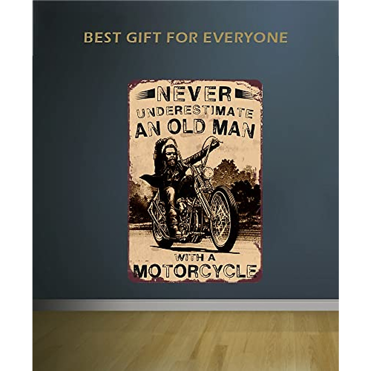 THANIGHT Retro Poster Wall Art Decor Tin Sign - Never Underestimate An Old Man With A Motorcycle Funny For Men Boys Bedroom Décor Sports Posters Landscape Office Room Gift 8X12 Inch, 8 x 12 Inch