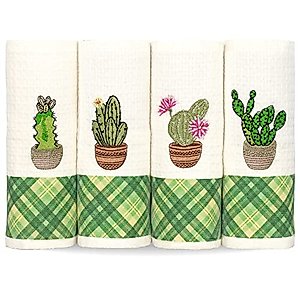 Lavien Home, Kitchen Dish Towels with Cactus Embroidered, Decorative Succulent Flowers Cute Tea Towels Turkish Cotton Waffle Weave 16 x 24 inches (Set of 4)