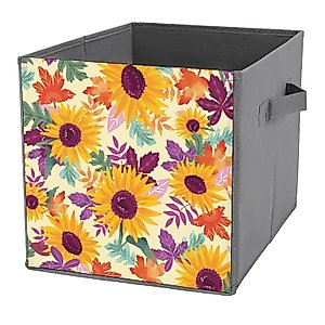 DamTma Storage Cubes Fall Sunflowers 11 Inch Cube Storage Bin with Handles Maple Leaves Fabric Collapsible Cube Baskets for Shelf Toys Clothing Books