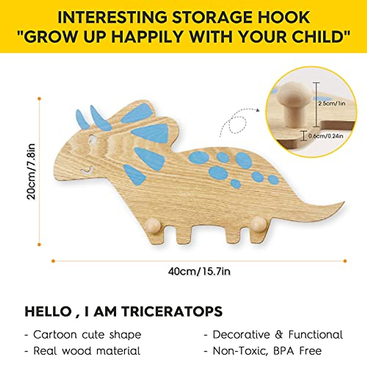 Jfbav Decorative Wood Wall Hooks - Cute Animal Dinosaur Wall Hooks for Hats, Clothes, Keys, Handkerchiefs, Jackets and More