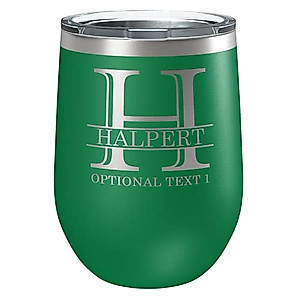 Personalized 12oz (17 Colors) Powder Coated Stainless Steel Stemless Wine Tumbler with Lid, Custom Etched, Customized Gift for Women Her, Wine Lover, Halpert Monogram Initial Name (Green)