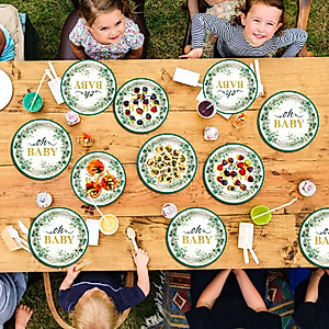 ZOIIWA 48 Pcs Oh Baby Eucalyptus Plates Baby Shower Party Supplies Sage Greenery Dessert Plates Greenery Disposable Paper Plates for Boys or Girls Gender Reveal Baby Shower Party Decorations Favors