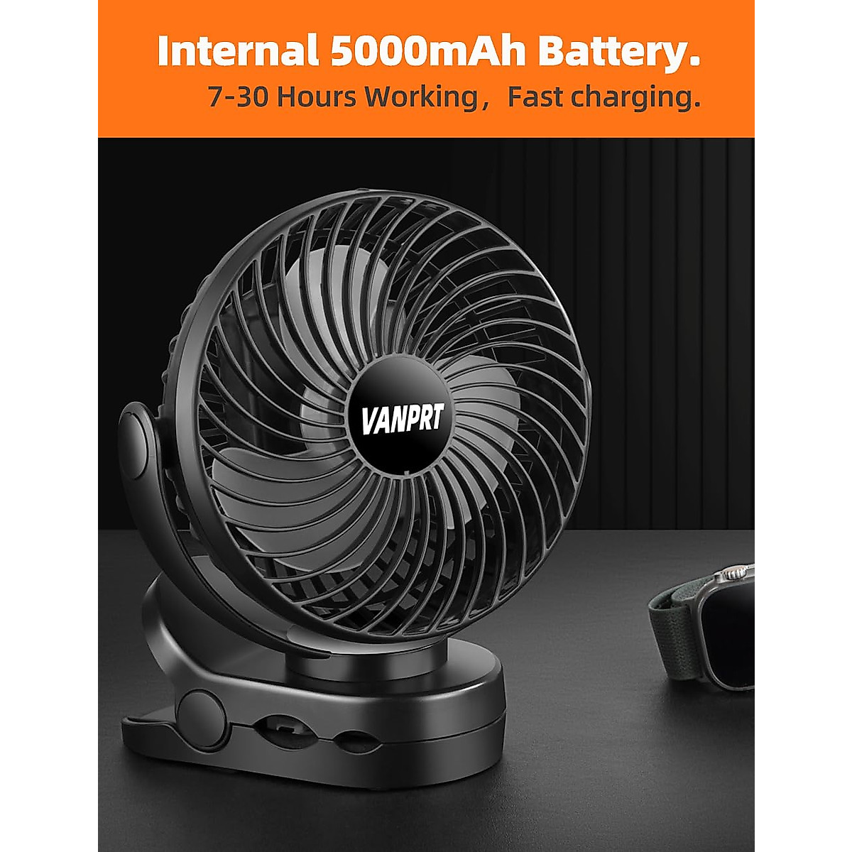 VANPRT 6'' Clip Fan, Portable Clamp Fan with Hanging Hook, 5000mAh Rechargeable Battery Fan, 3 Speeds, 720° Rotation, Quiet, Strong Grip Clamp, 7-30 Working Hours for Camp Stroller Bed - Pink