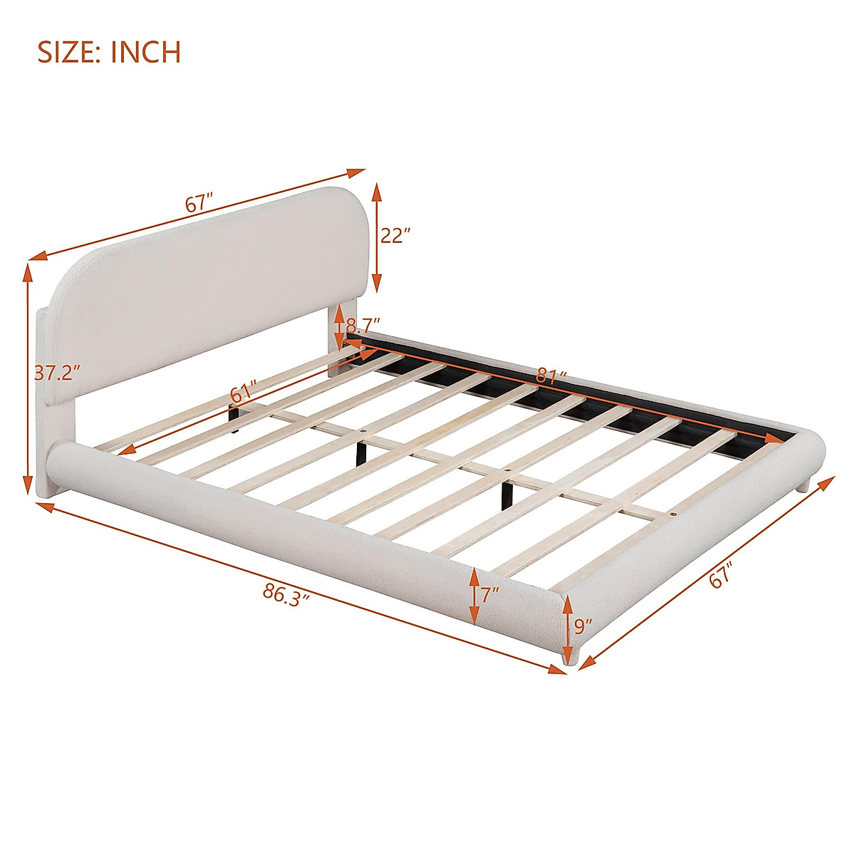 Teddy Fleece Queen Size Upholstered Platform Bed with Thick Fabric, Solid Frame and Stylish Curve-Shaped Design,for Kids Teens Adults Bedroom (Beige@Teddy Fleece, Queen)