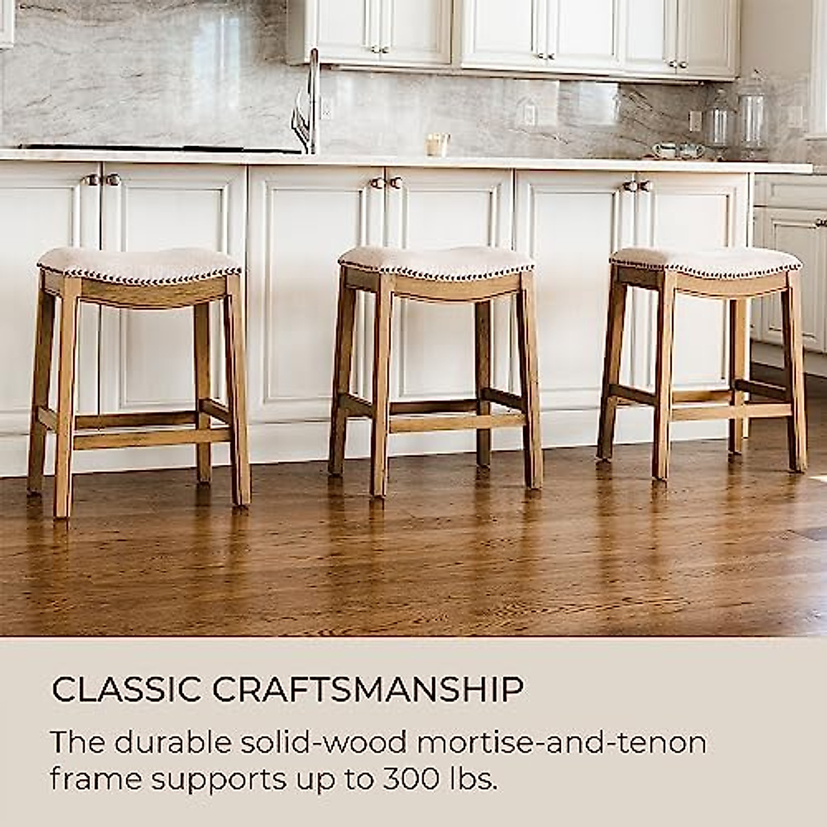 Maven Lane Adrien Kitchen Saddle Backless Bar Stool with Nailhead Trim, Natural, Bar Height