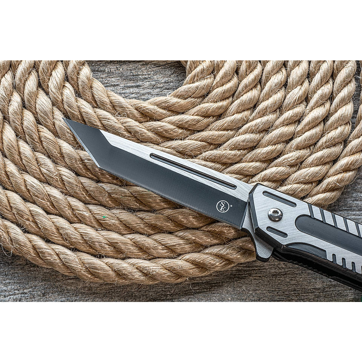 SE Spring Assisted Tanto Folding Knife with Black with Metal Machining Design - KFD20020-1