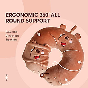 MINISO Travel Neck Pillow with Eye Mask, We Bare Bears Memory Foam Neck Support Cartoon Pillow Valentine's Day Gift for Traveling, Sleeping, Airplane, Car, Home & Office(Grizzly)