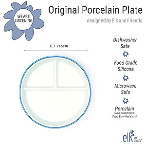 Elk and Friends 6.7&quot; Kids Porcelain White Plates with Silicone Sleeves | Divided Plates | Suitable for Kids/Toddlers | Microwave &amp; Dishwasher Safe | Non Slip | Snack Dishes