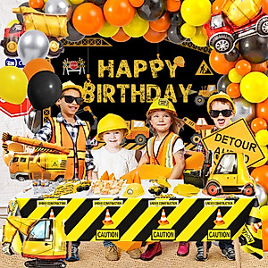 Winrayk Construction Party Decorations Birthday Supplies, Construction Balloon Arch Backdrop Tablecloth Caution Tape Engineering Truck Foil Balloons, Construction Birthday Party Supplies for Boys Kids