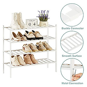 quiqear Bamboo Shoe Rack, 4 Tier Shoe Rack Organizer, Stackable & Durable Shoe Shelf Holder, Free Standing Shoe Racks, Shoe Storage Organizer for Entryway, Closet, Hallway (White)