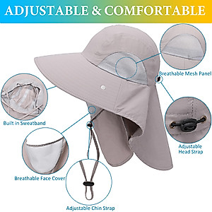 Outrip Sun Hat for Men Women Wide Brim Fishing Hat with Face Cover & Neck Flap Outdoor Sun Protection Hat Light Grey