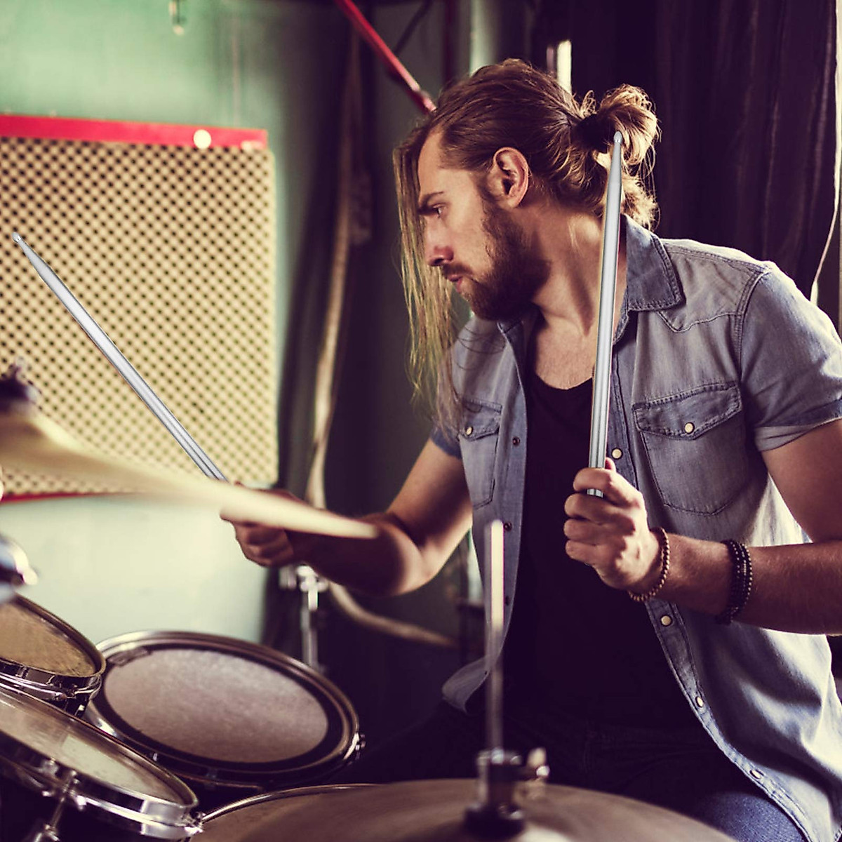 Happyyami 1 Pair 5A Classic Drum Sticks Professional Durable Metal Drum Sticks Portable Percussion Instrument Accessories