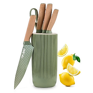 Kitchen Block Knife Sets, 6-Pieces Green Chef Knife Set with Removable Round Block, Non-stick & Non-slip Stainless Steel Sharp Knife Set for Restaurant Home Cooking, Gifts for Mom Wife Girl (Green)